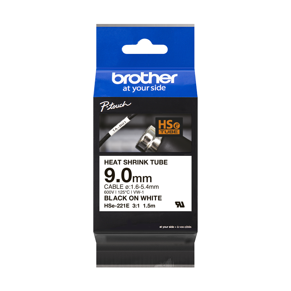 Brother HSe-221E Black on White Heat Shrink Tube - 9mm (New 3:1 ...